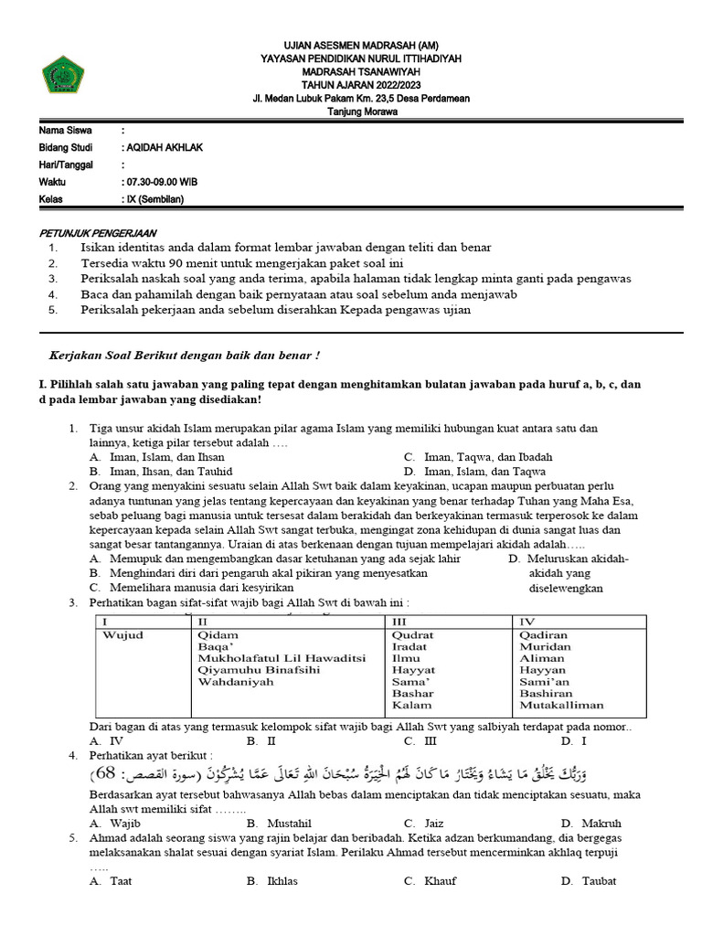 Soal Ujian Akidah Akhlak Kelas IX | PDF