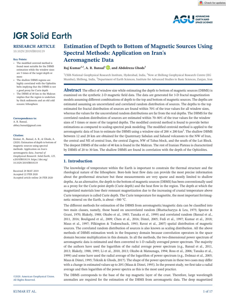 JGR Solid Earth - 2020 - Kumar - Estimation of Depth To Bottom of Magnetic Sources Using ...