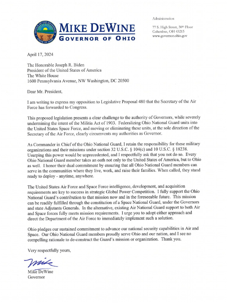 DeWine POTUS Air Force Proposal 480 April 24 | PDF