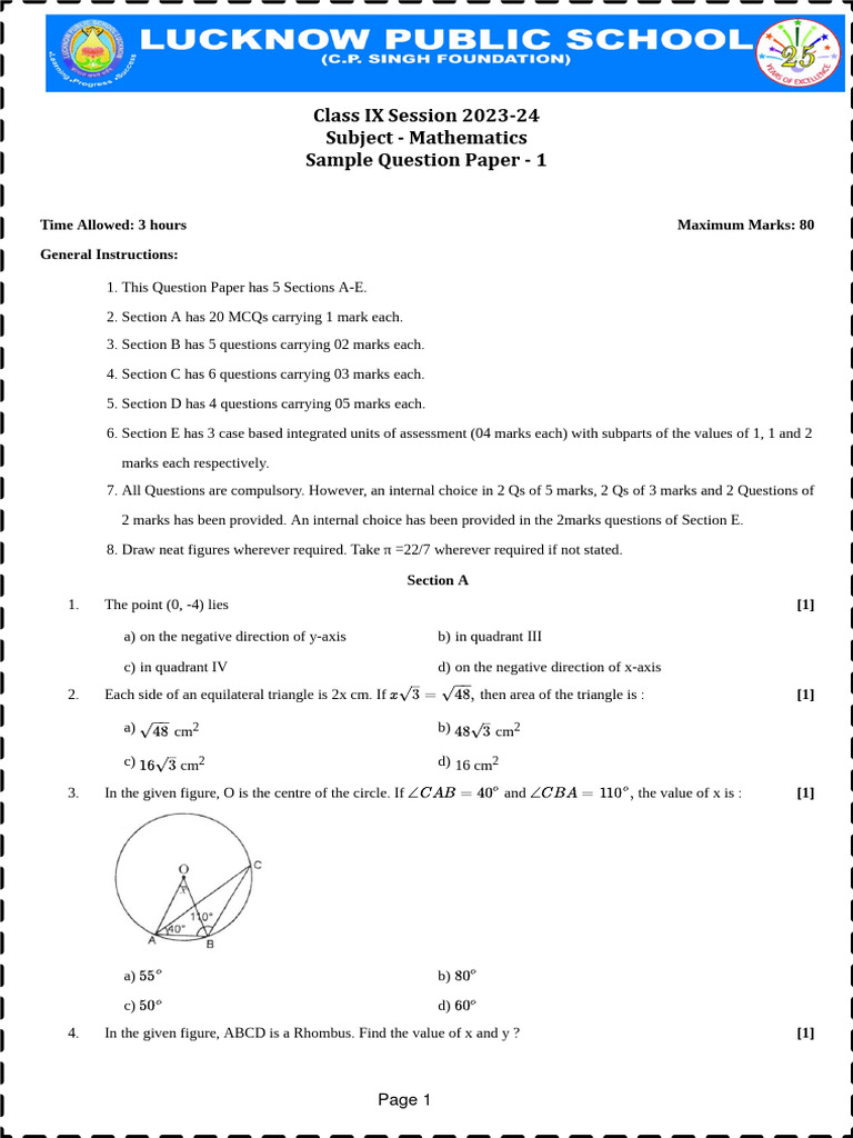 Class Ix Practice Paper 1 Annual | Download Free PDF | Area | Angle