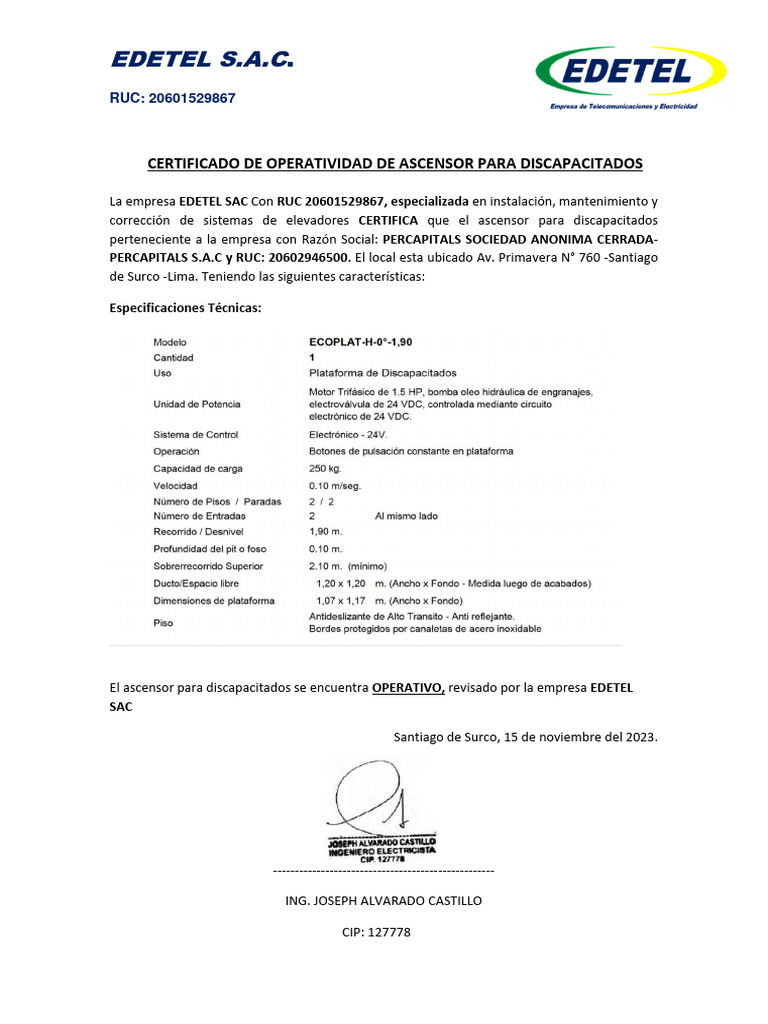 CERTIFICADO DE ASCENSOR | PDF