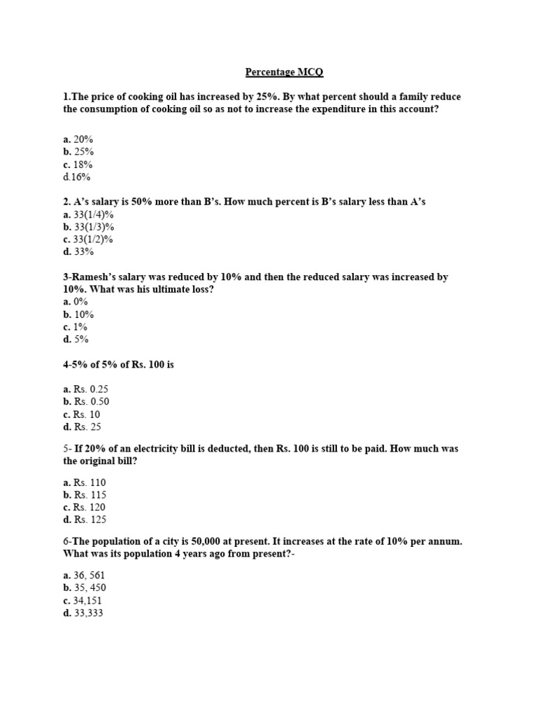 Percentage MCQs for Competitive Exams | PDF