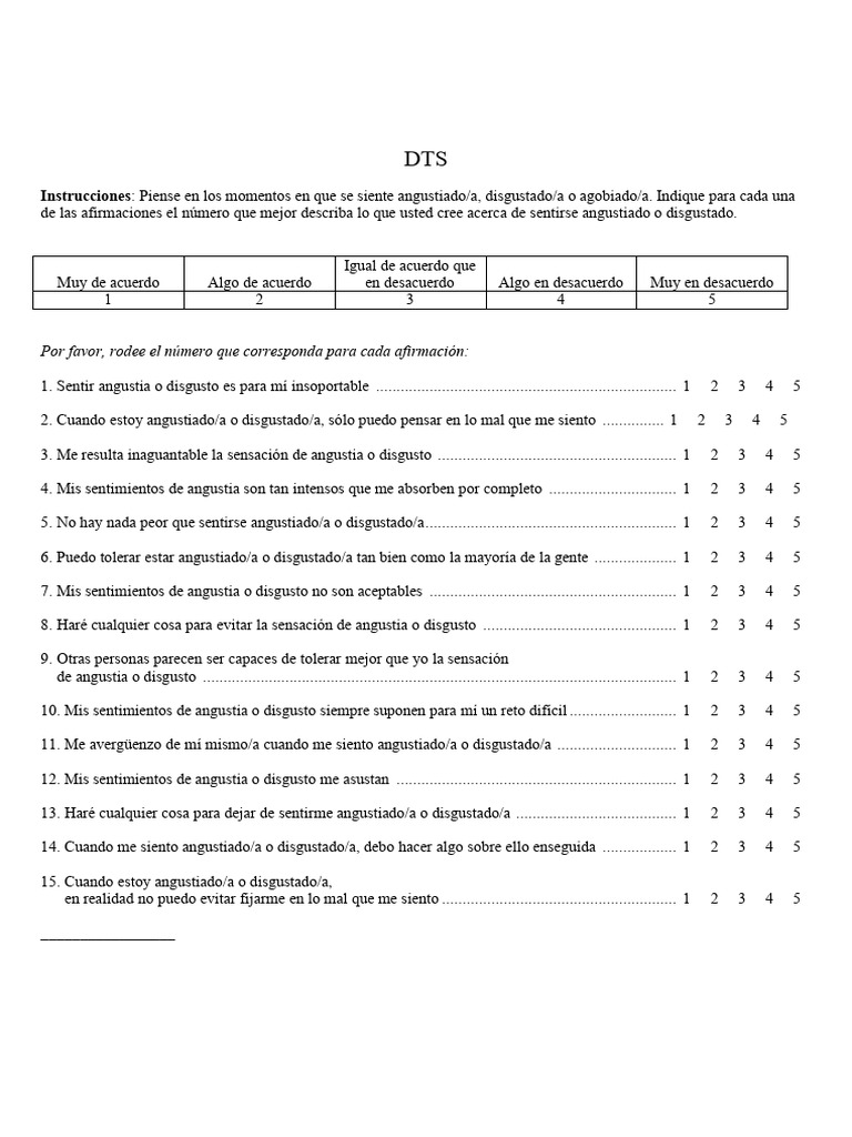 DTS Distress and Tolerance Scale (Versioì N Espanì Ola) | PDF