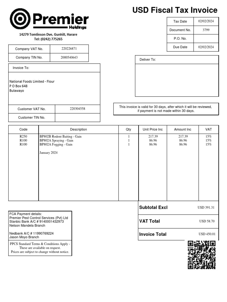 USD Fiscal Tax Invoice: 14279 Tomlinson Dve, Gunhill, Harare Tel: (0242 ...