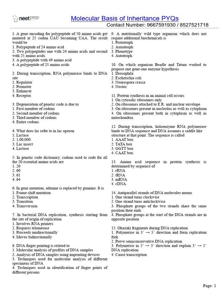 Molecular Basis of Inheritance PYQs | PDF | Dna | Base Pair