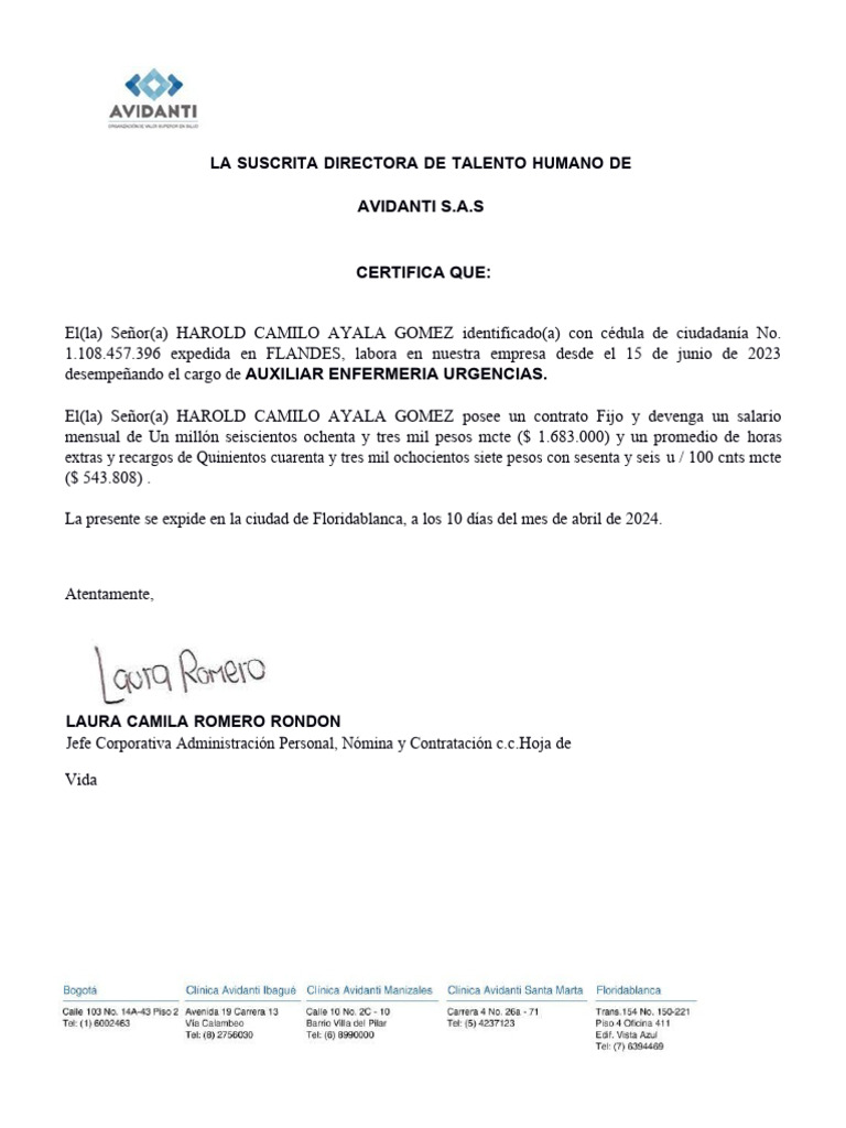 Certificación Laboral de Harold Ayala | PDF