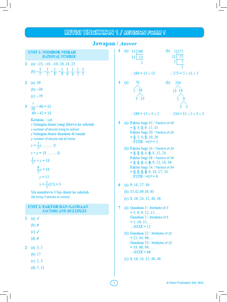 Revisi Matematik Ting 1 (Jawapan) | PDF | Algebra | Mathematics