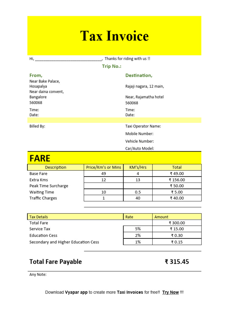Ola Taxi Invoice Format Template | PDF