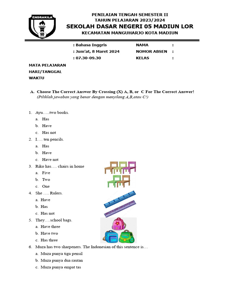 Kelas 1 PENILAIAN TENGAH SEMESTER II | PDF