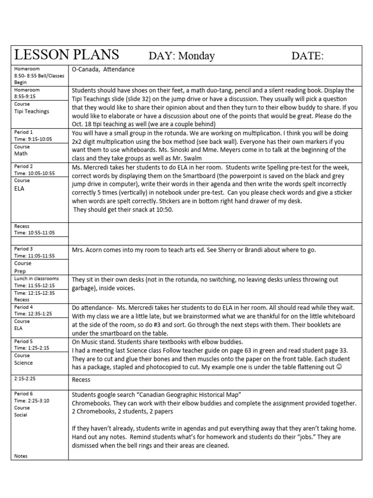 Monday Lesson Plans Overview | PDF