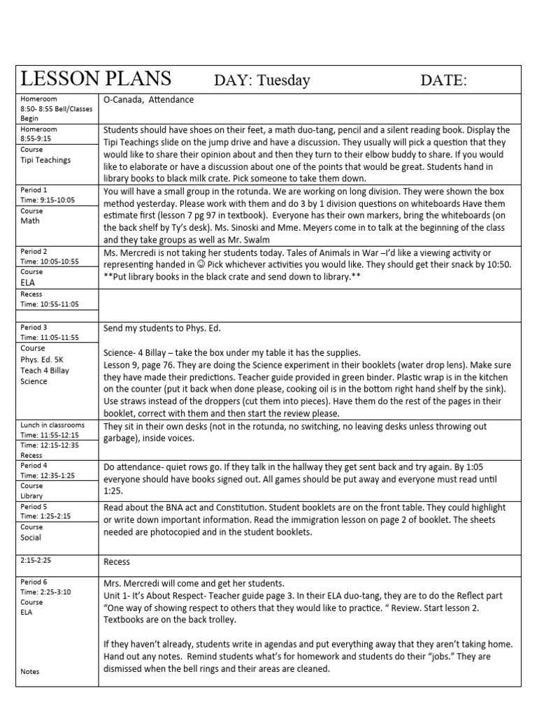 Tuesday Lesson Plans Overview | PDF