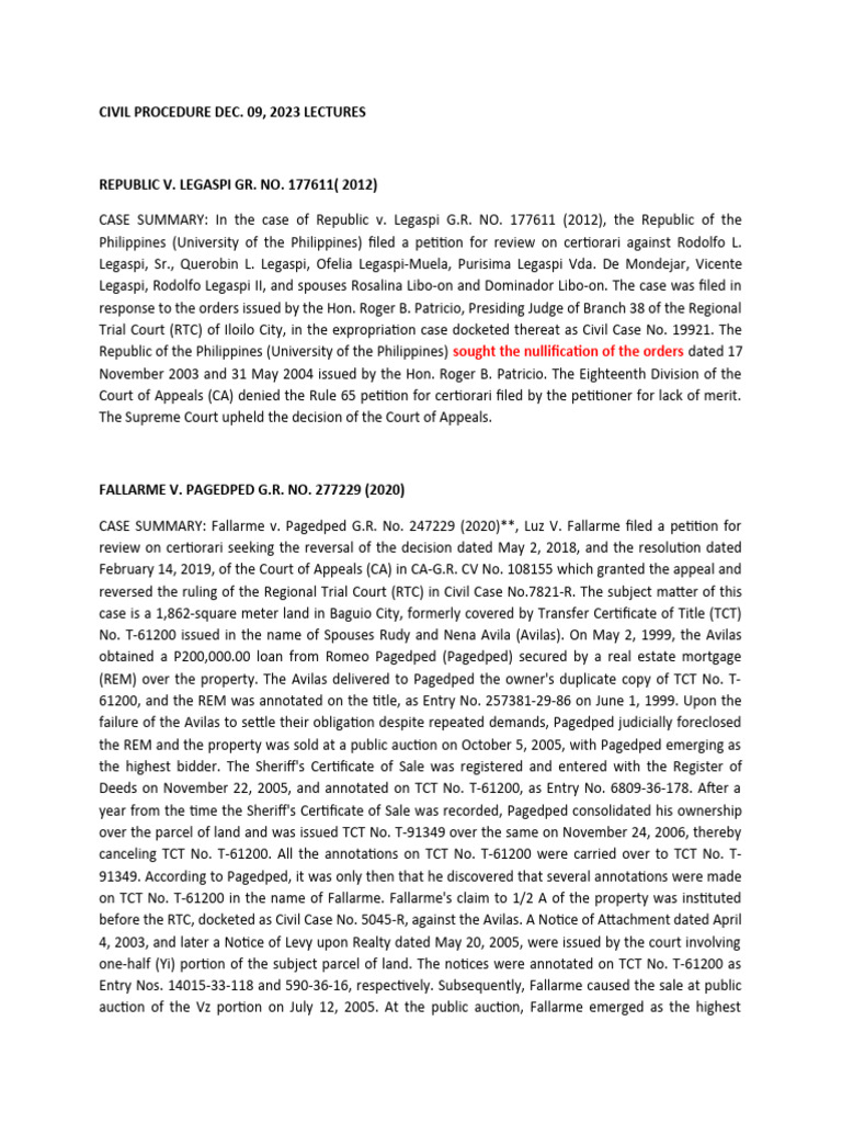Civil Procedure Dec. 09 2023 Lectures | PDF | Contempt Of Court | Foreclosure