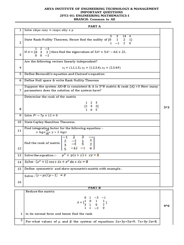 2fy2-01 Engineering Mathematics-I (A To D) | PDF | Matrix (Mathematics) | Eigenvalues And ...