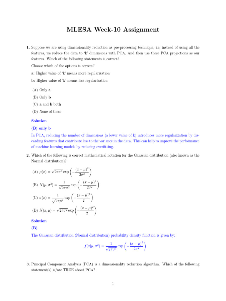 MLESA v2024 Week10 Assignment Solution | PDF | Principal Component Analysis | Probability Theory
