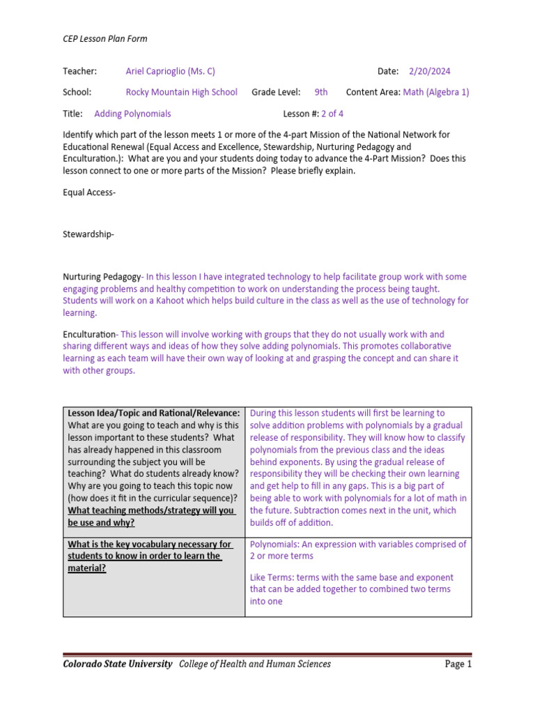 Cep Lesson Plan Algebra 1 Add Polynomials First Lesson | PDF | Lesson ...