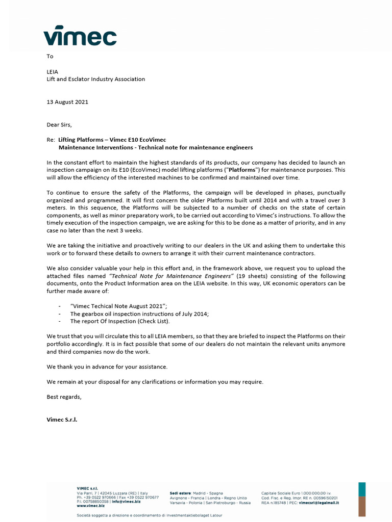 Vimec E10 Platform Maintenance Guide | PDF | Wear | Gear