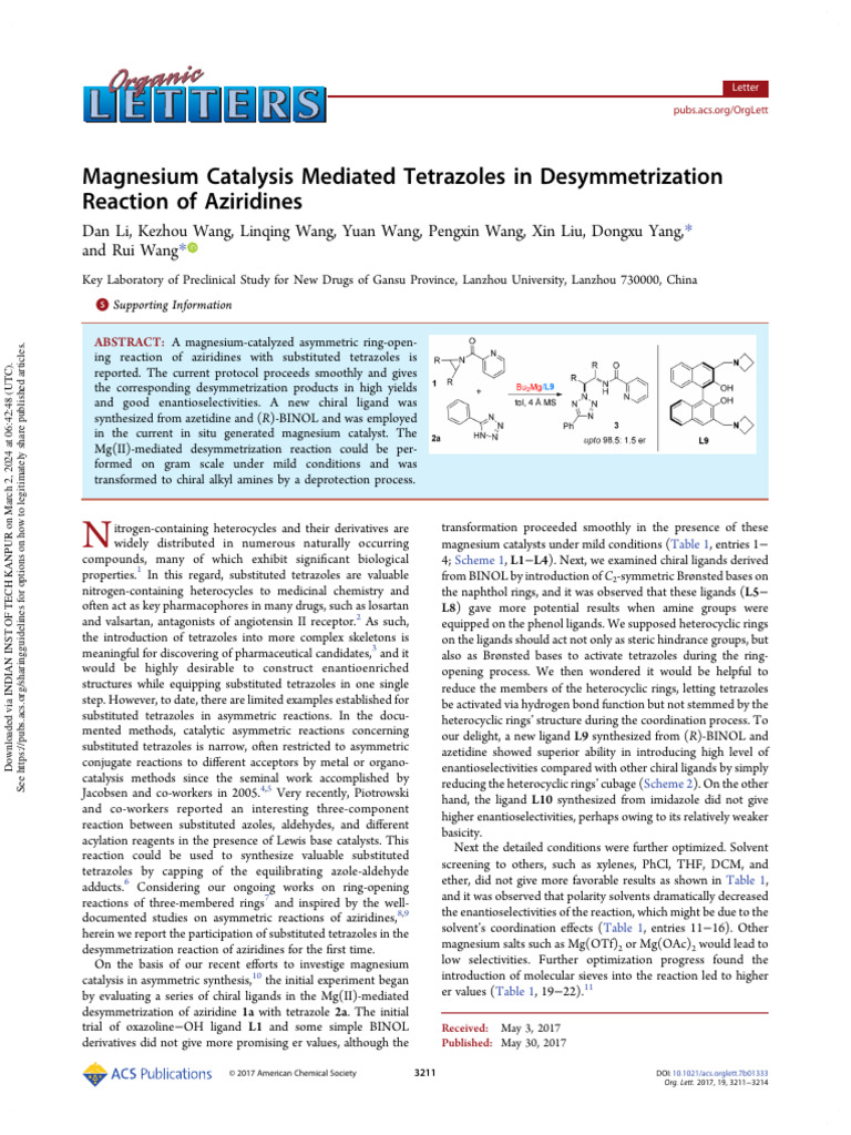 Li Et Al 2017 Magnesium Catalysis Mediated Tetrazoles in ...