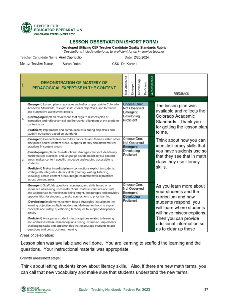 Lesson Observation Airel 1 | PDF | Learning | Educational Assessment