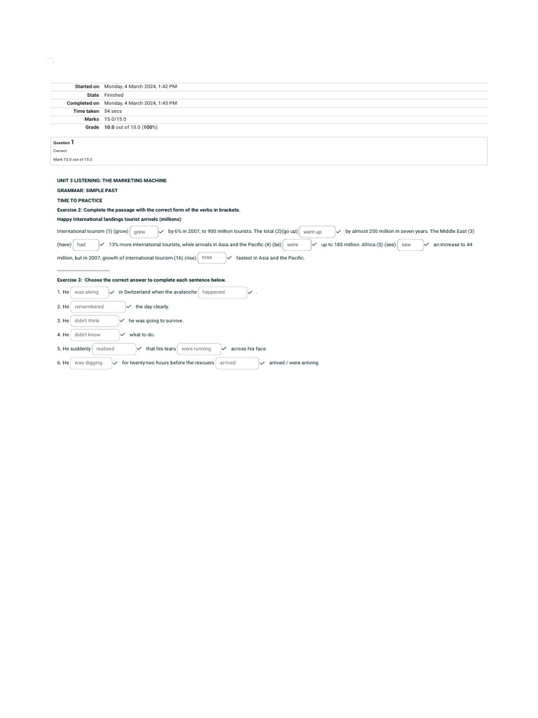 U3. GRAMMAR. Simple Past - Practice - Attempt Review | PDF