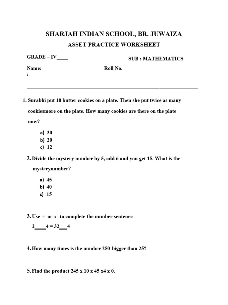Grade 4 Mathematics Asset Practice Worksheet | PDF