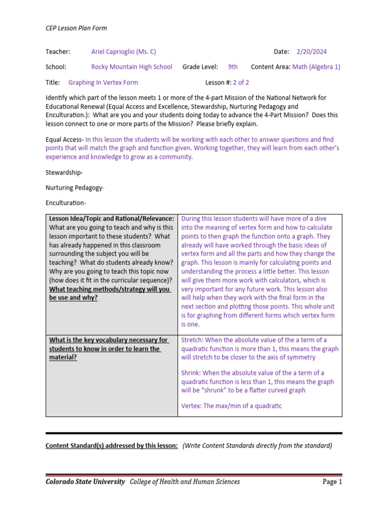 Cep Lesson Plan Algebra 1 8 | PDF | Lesson Plan | Function (Mathematics)