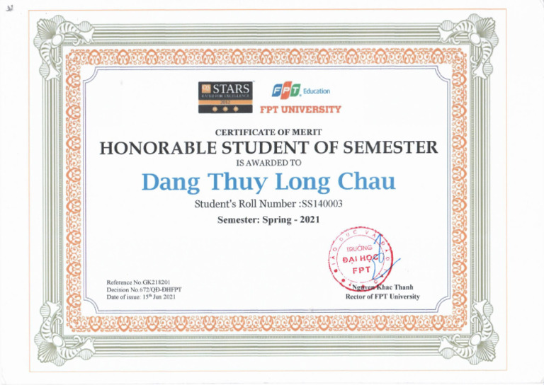 Honorable Student Certificate Spring 2021 | PDF