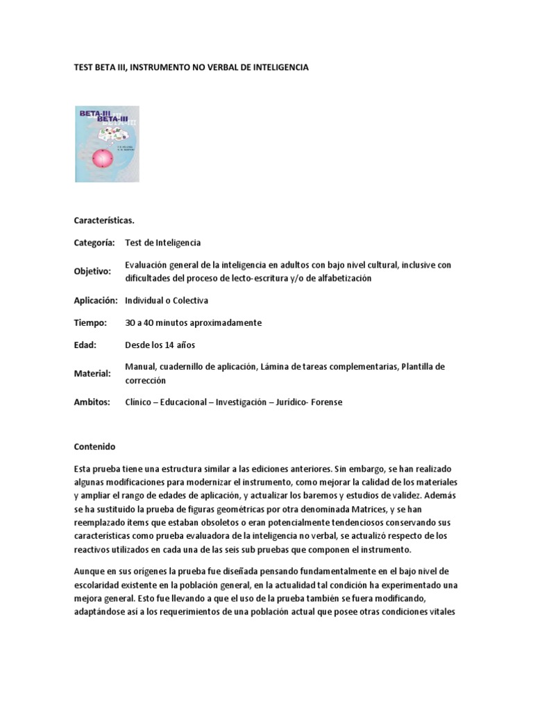 Test Beta III: Evaluación No Verbal de IQ | PDF | Validez (Estadísticas ...