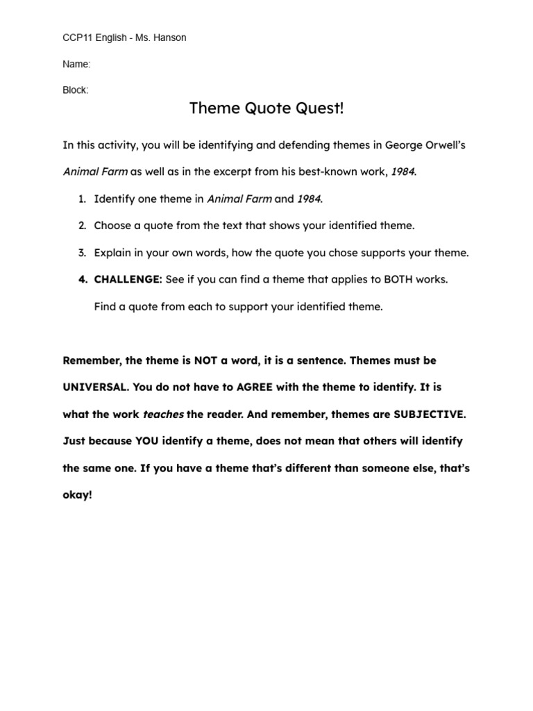 Animal Farm Theme Quote Quest | PDF