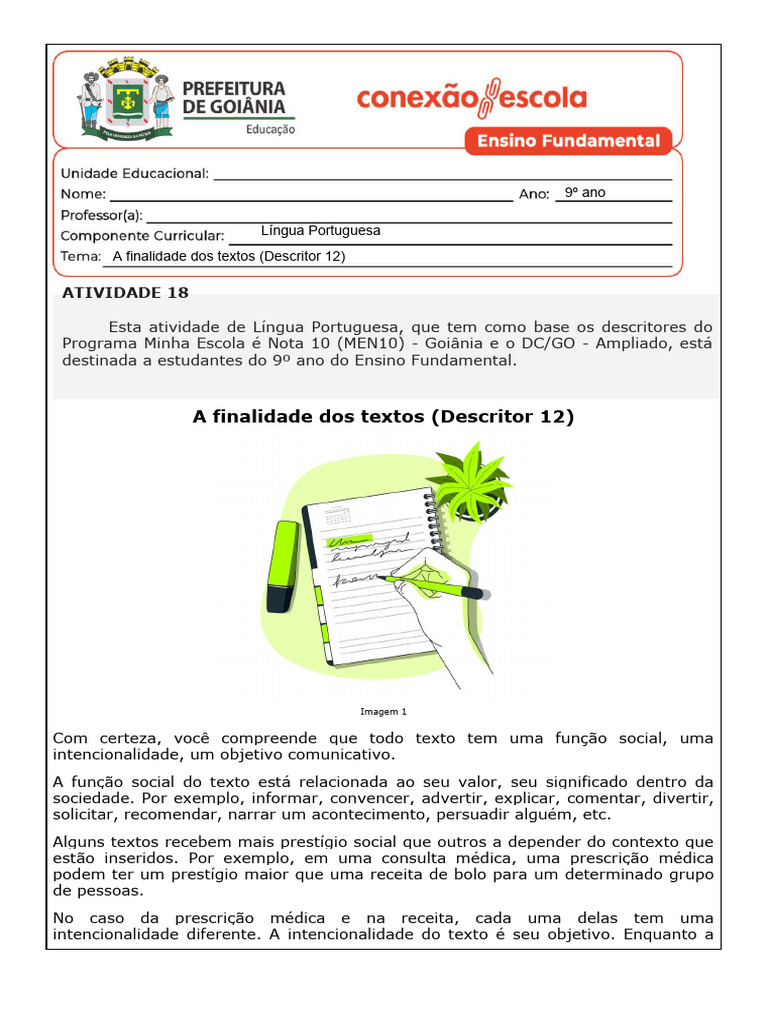 Finalidade dos Textos no 9º Ano | PDF | Receita médica