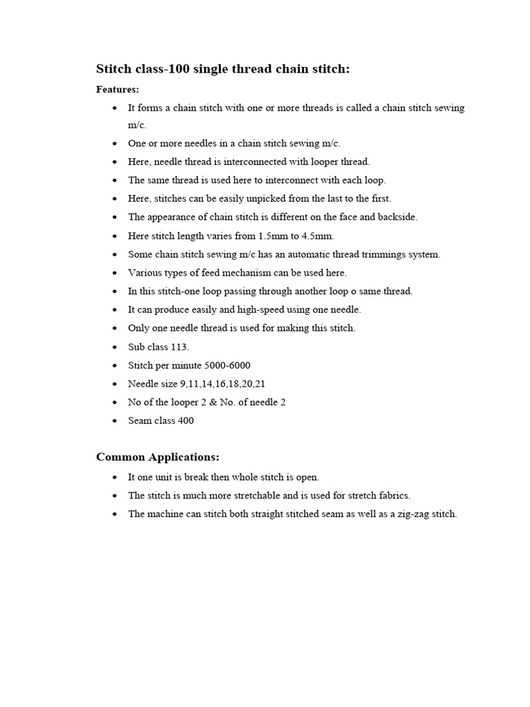 Features & Common Application of Stitch Classes | PDF | Seam (Sewing ...