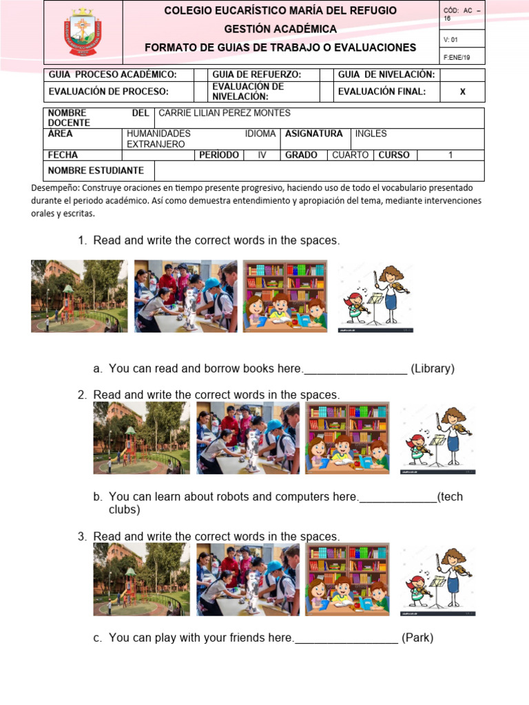 EVALUACIÓN CUARTO PERIODO INGLES CUARTO | PDF