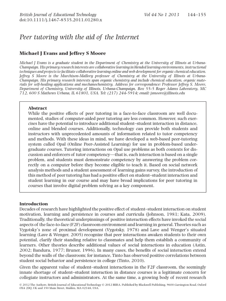 Peer Tutoring With The Aid of The Internet: Michael J Evans and Jeffrey ...