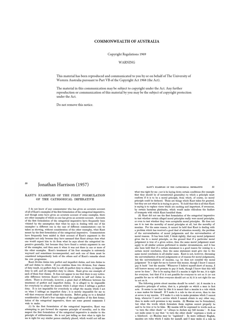 Harrison (1957) - Kant's Examples of The First Formulation of The ...