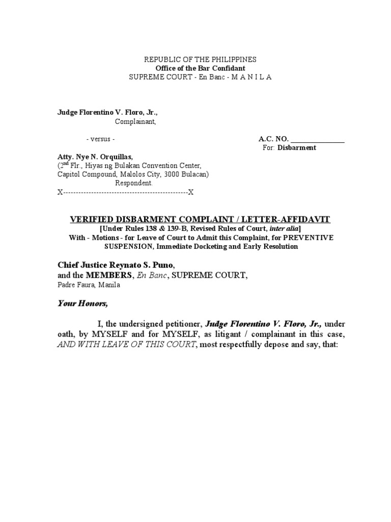 Verified Disbarment Complaint / Letter-Affidavit: and The Members, en ...