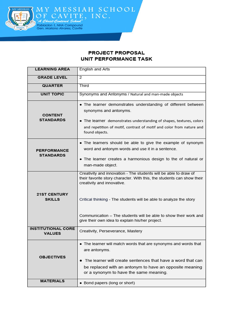 Third QUARTER Eng Arts 2 PROJECT PROPOSAL | PDF | Learning | Creativity