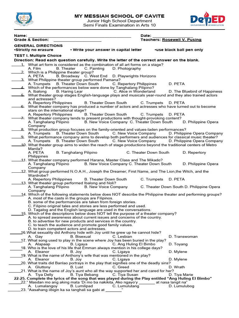 Semi-Final Exam Arts 10 | PDF