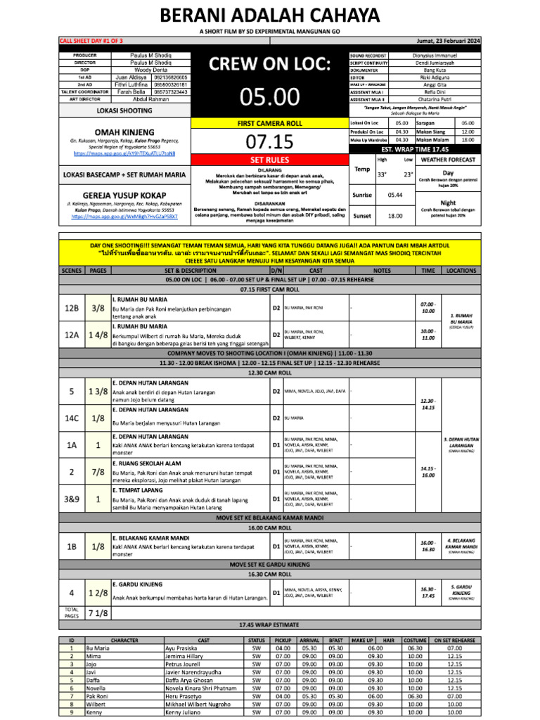 BAC - Call Sheet Day I | PDF
