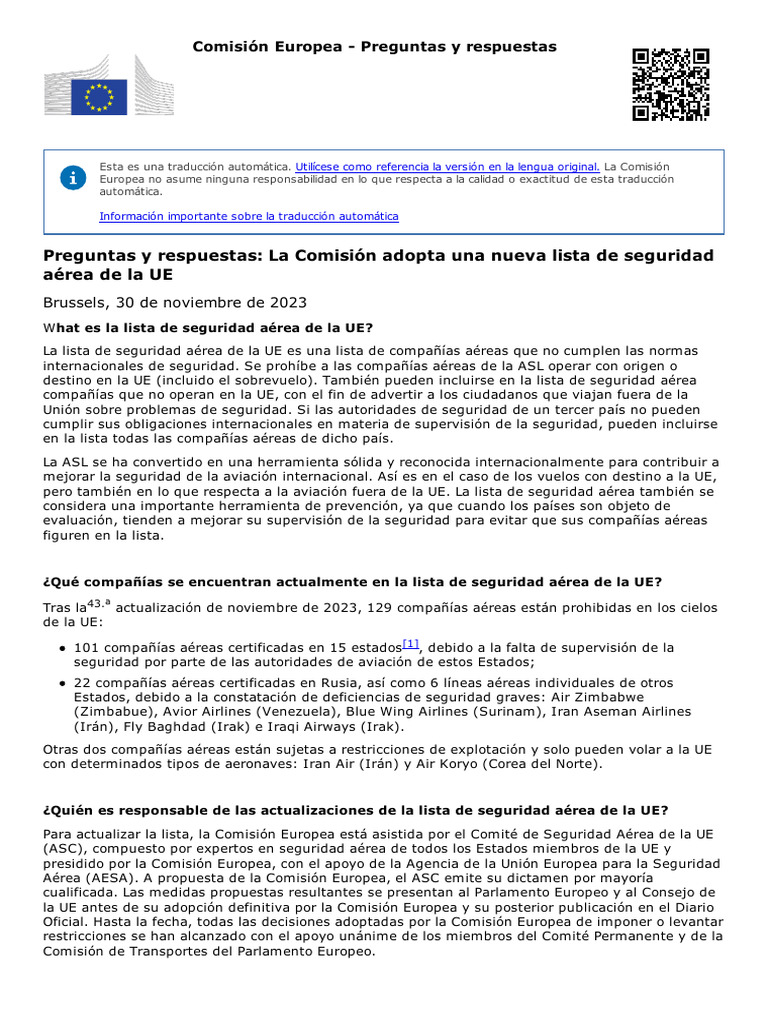 Preguntas y Respuestas La Comisi N Adopta Una Nueva Lista de Seguridad A Rea de La UE | PDF ...