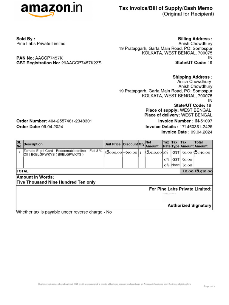 Zomato E-Gift Card Invoice Details | PDF | Invoice | Economies