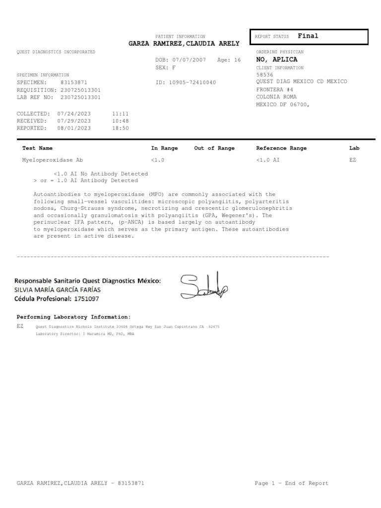 Myeloperoxidase Antibody Test Report | PDF | Epidemiology | Clinical ...
