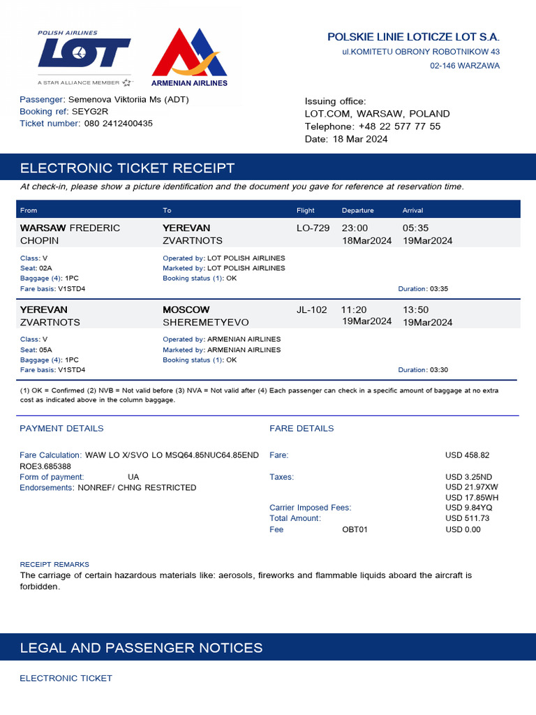 LOT Polish Airlines Ticket Receipt | PDF | Airlines | Civil Aviation