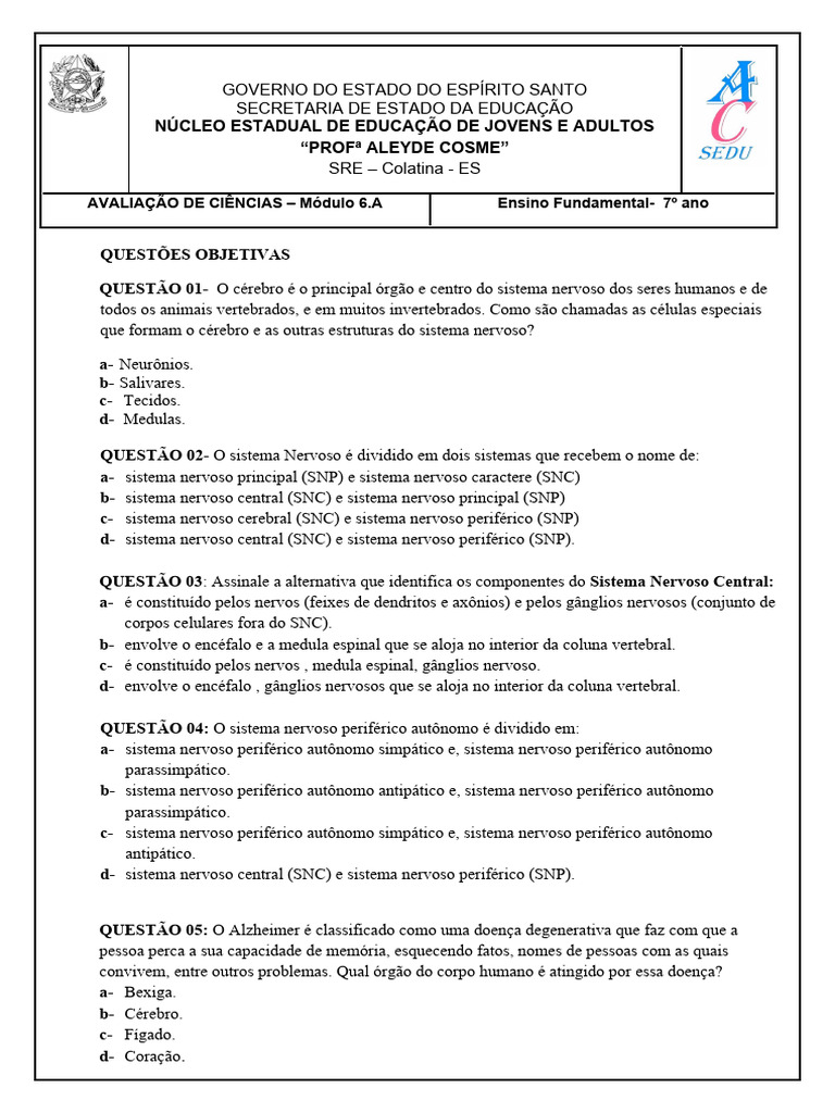 Prova Módulo 6 - Prova NEEJA | Download grátis PDF | Sistema nervoso ...