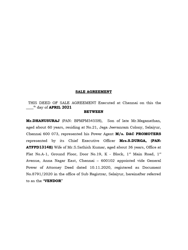 Sale Agreement - Draft - | PDF | Deed | Foot (Unit)