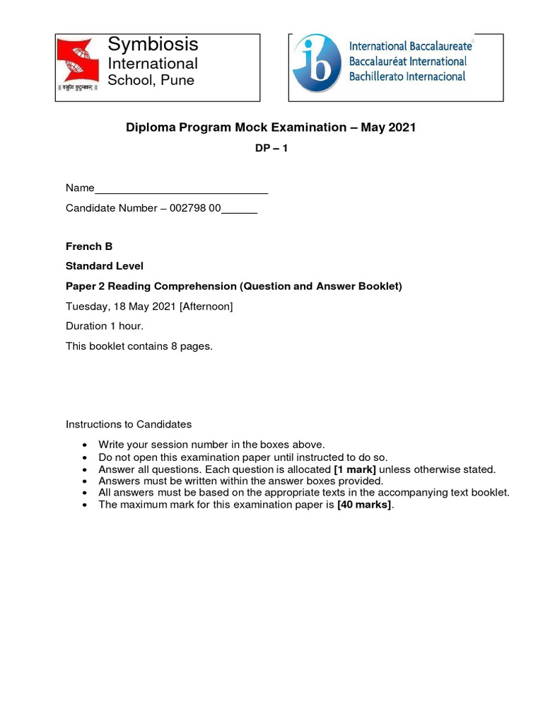 DP 1 French B SL Mock Paper 2 Reading Comprehension Question Answer Booklet | PDF | Réseaux ...