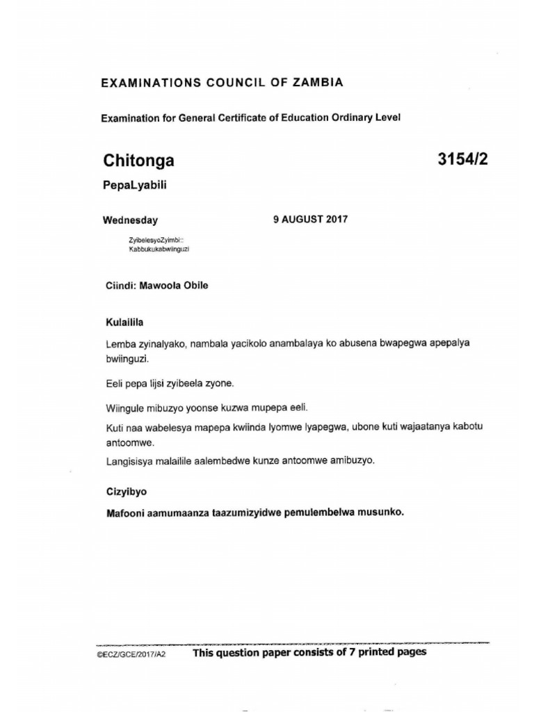 g12 Chitonga p2 2017 Gce | PDF