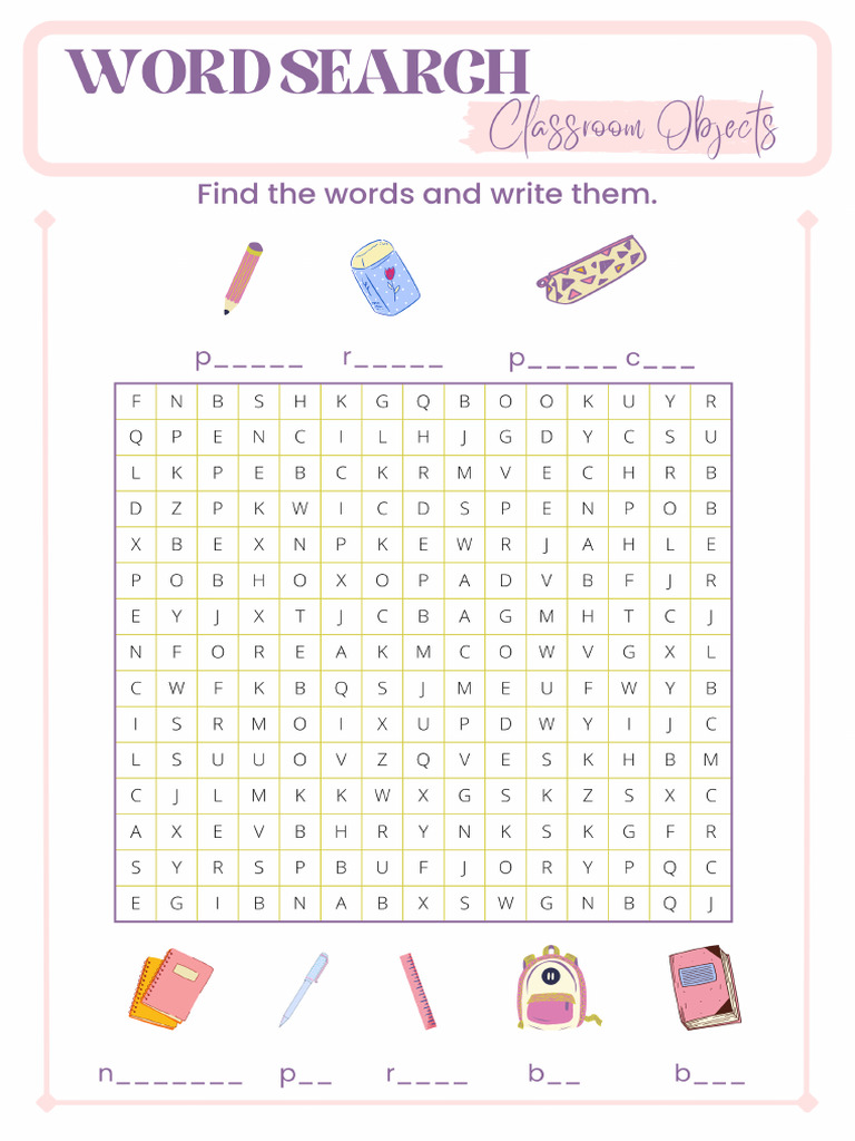 Classroom Objects Word Search English Puzzle | PDF