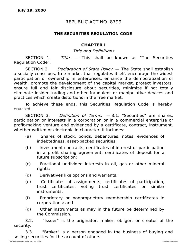 Republic Act No. 8799: Title and Definitions Title Declaration of State ...