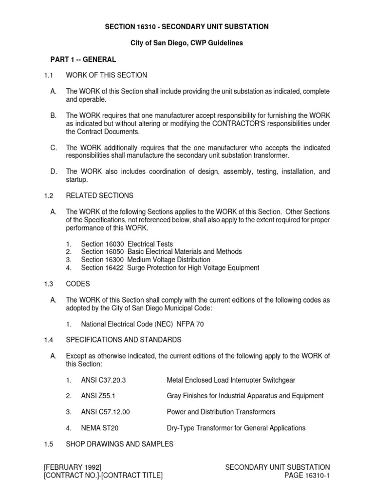 Section 16310 Secundary Unit Substation | PDF | Transformer ...