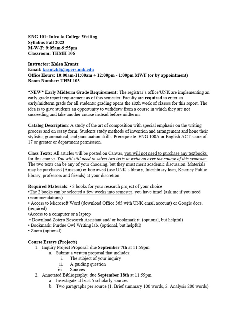Eng 101 Intro To College Writing Syllabus Fall 2023 | PDF | Essays ...