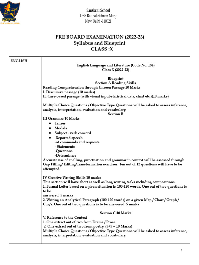Grade 10 Preboard Syllabus and Blueprint 2022-23 | PDF | Sphere